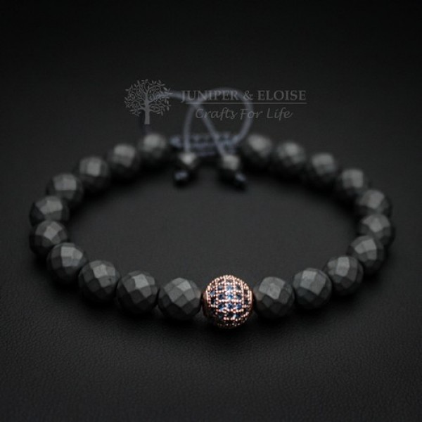 Matte Hematite Beaded Aquamarine Zircon Hamsa Bracelet